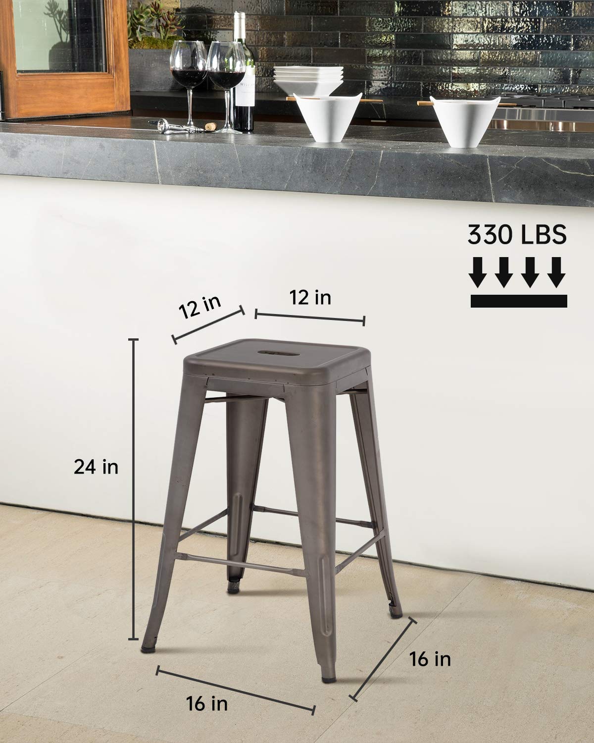 FDW Set of 4 Metal Bar Stools 24 Inches Counter Barstools Indoor/Outdoor Stackable Modern Metal Bar Stools Kitchen Counter Stools Chairs (Gun)