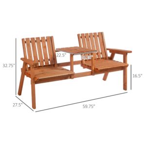 Outsunny Patio Bench, Garden Bench with Middle Table and Umbrella Hole, Wooden Outdoor Bench for Patio, Porch, Poolside, Balcony, Orange