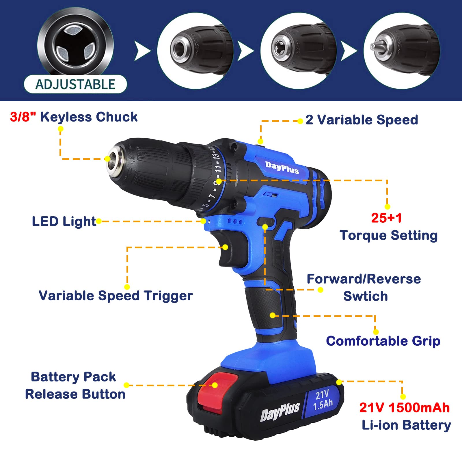 Cordless Drill Driver Set Electric Power Drill Set with 1 Battery & Charger, 3/8” Keyless Chuck, 2 Variable Speed, 400 In-lb Torque, 25+1 Position and 26pcs Drill/Driver Bits