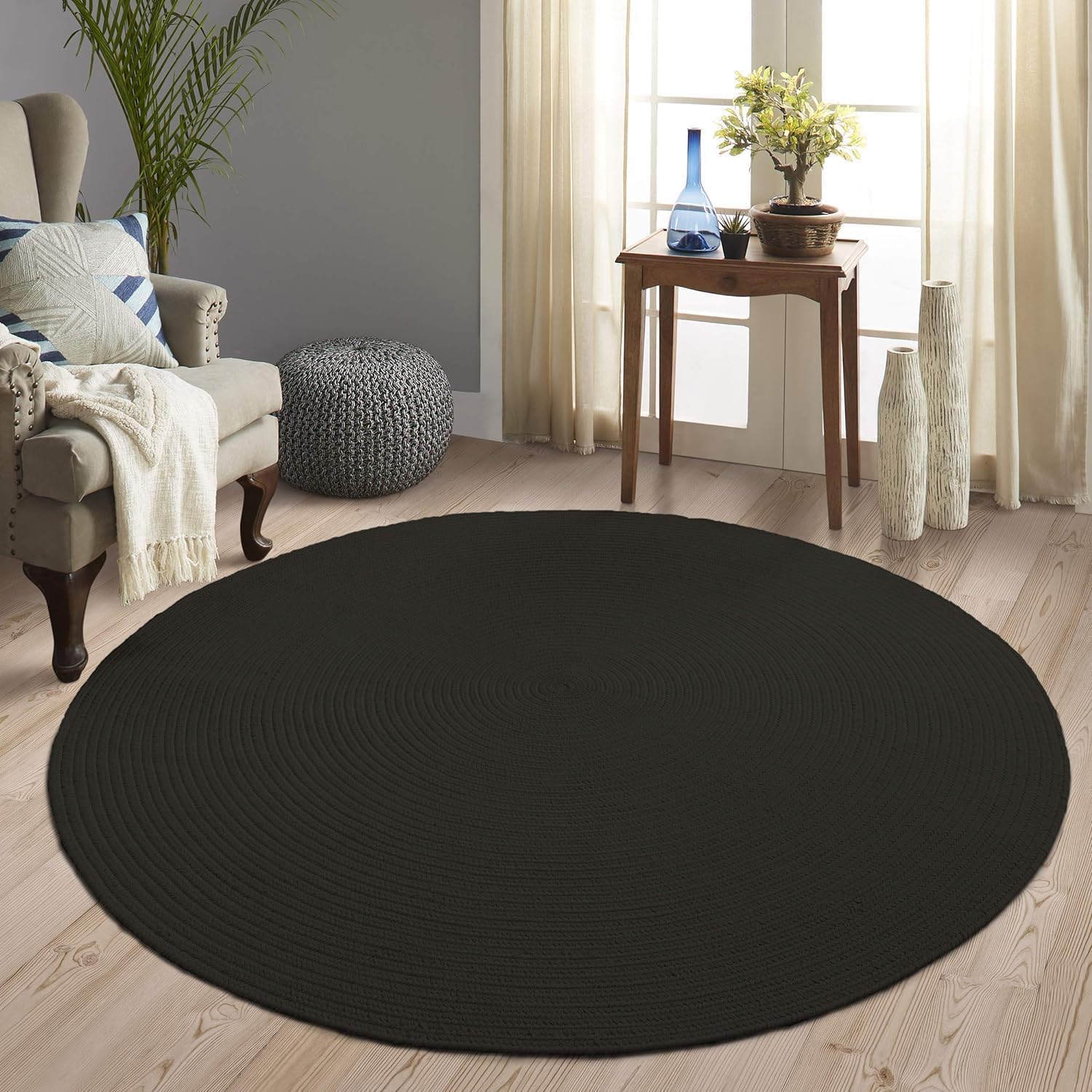 Superior Reversible Braided Indoor/Outdoor Area Rug, 4' Round, Black