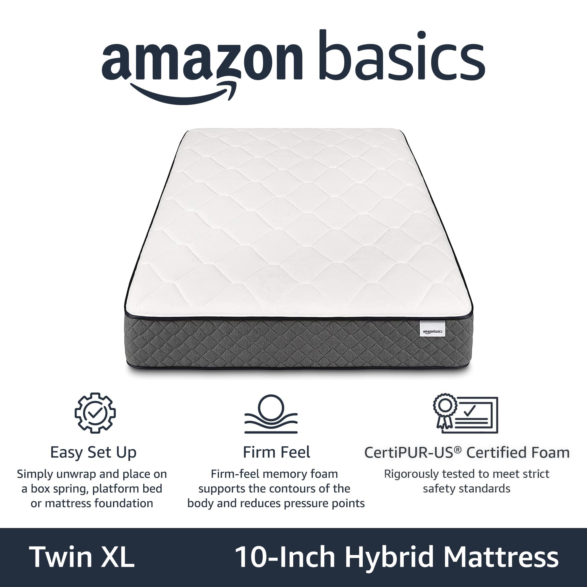 Amazon Basics Infused Gel Memory Foam Mattress, 12 inch Hybrid, Cushion Firm, Cool Touch, CertiPUR-US® Certified Foam, Twin XL, White & Gray