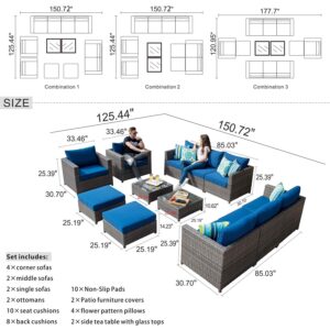 ovios Patio Furniture Set 12 Pieces Outdoor Conversation Set All Weather Wicker Rattan Sectional Sofa Sets with Thick Cushions Fully Assembled Furniture, Big Size, Grey Wicker, Navy Blue