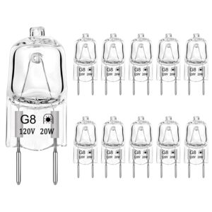 g8 halogen bulb 20w 120v dimmable t4 jcd type g8 base bi-pin xenon bulb for under cabinet puck lights, kitchen hood, landscape lights, warm white 2700k (10 pack)