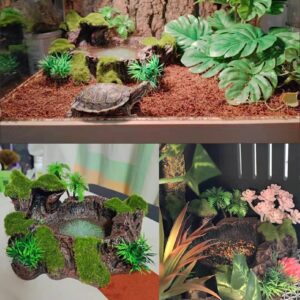 Hamiledyi Reptile Tank Decor Resin Reptile Platform with Artificial Plants Reptile Water Dish Food Bowl Reptile Feeding Dish for Lizard Small Turtle Gecko Water Frog Snake Amphibian Crawling Platform