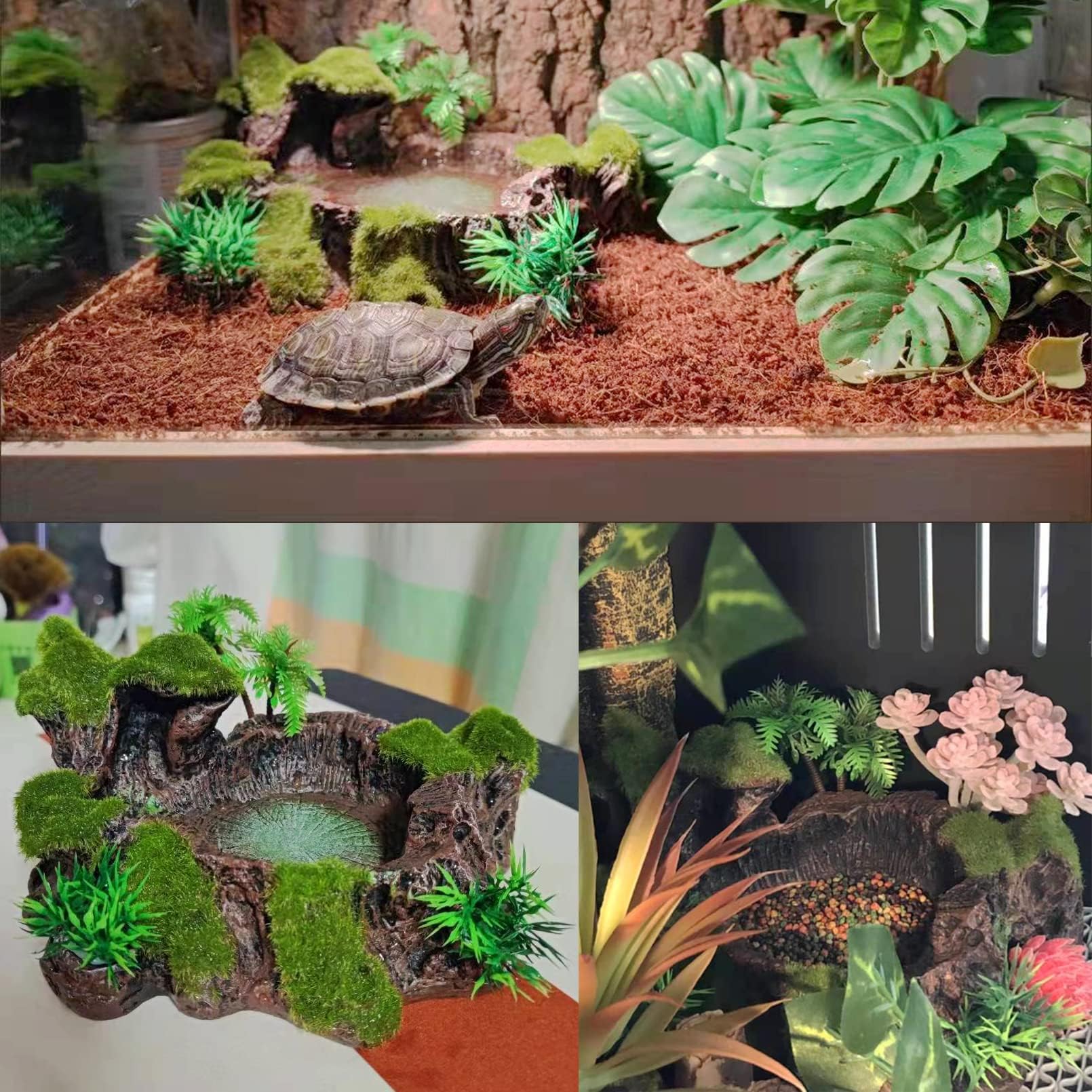 Hamiledyi Reptile Tank Decor Resin Reptile Platform with Artificial Plants Reptile Water Dish Food Bowl Reptile Feeding Dish for Lizard Small Turtle Gecko Water Frog Snake Amphibian Crawling Platform