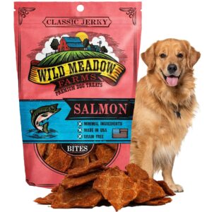 wild meadow farms - classic salmon bites, soft jerky treats for dogs, grain-free & all-natural, ideal for training, portioning, and high-value rewards for all breeds & ages - 3.5 ounce pouch