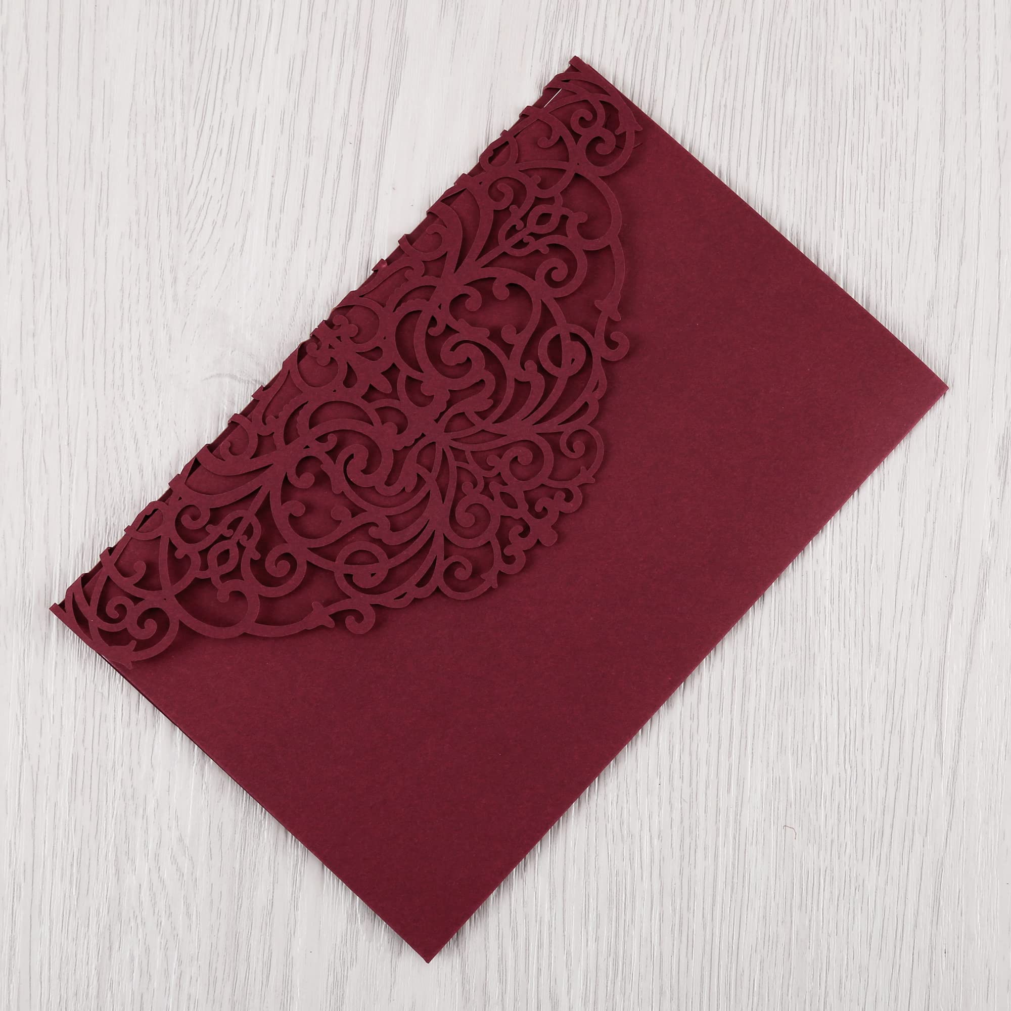 DORIS HOME 50pcs Burgundy Customized 4.7x7 Inch Wedding Invitation Kits Laser Cut Hollow Rose Pocket Wedding Invitations with Envelopes For Wedding Bridal Shower Engagement Invite