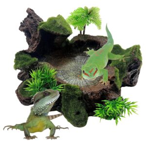 hamiledyi reptile tank decor resin reptile platform with artificial plants reptile water dish food bowl reptile feeding dish for lizard small turtle gecko water frog snake amphibian crawling platform