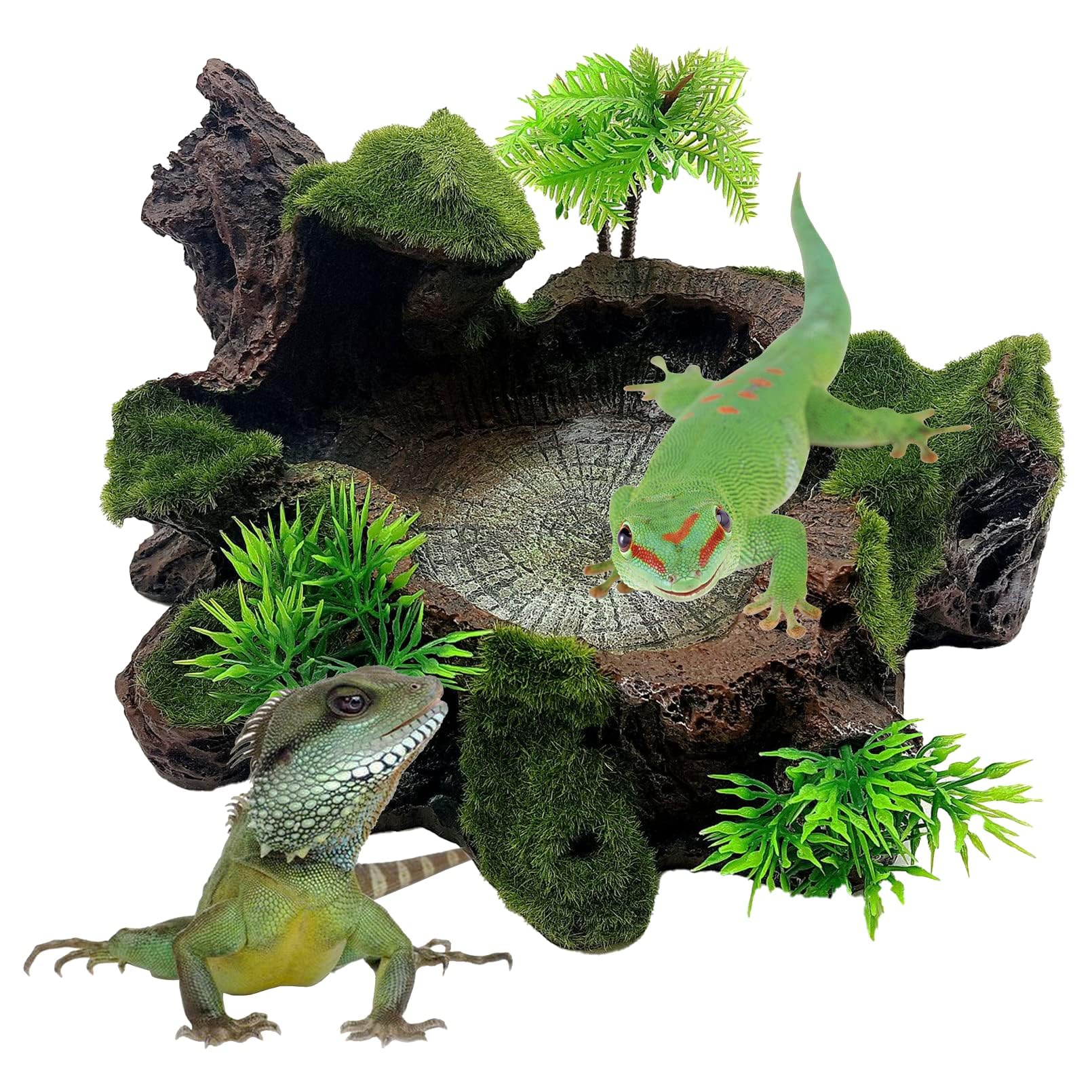 Hamiledyi Reptile Tank Decor Resin Reptile Platform with Artificial Plants Reptile Water Dish Food Bowl Reptile Feeding Dish for Lizard Small Turtle Gecko Water Frog Snake Amphibian Crawling Platform