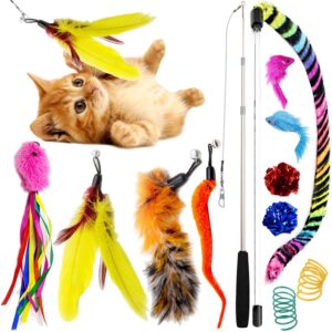 sillypet youngever 12 pieces cat toys teasing feather toy, retractable wand with assorted teaser refills, interactive feather teaser wand toy bell kitten cat having fun exerciser playing