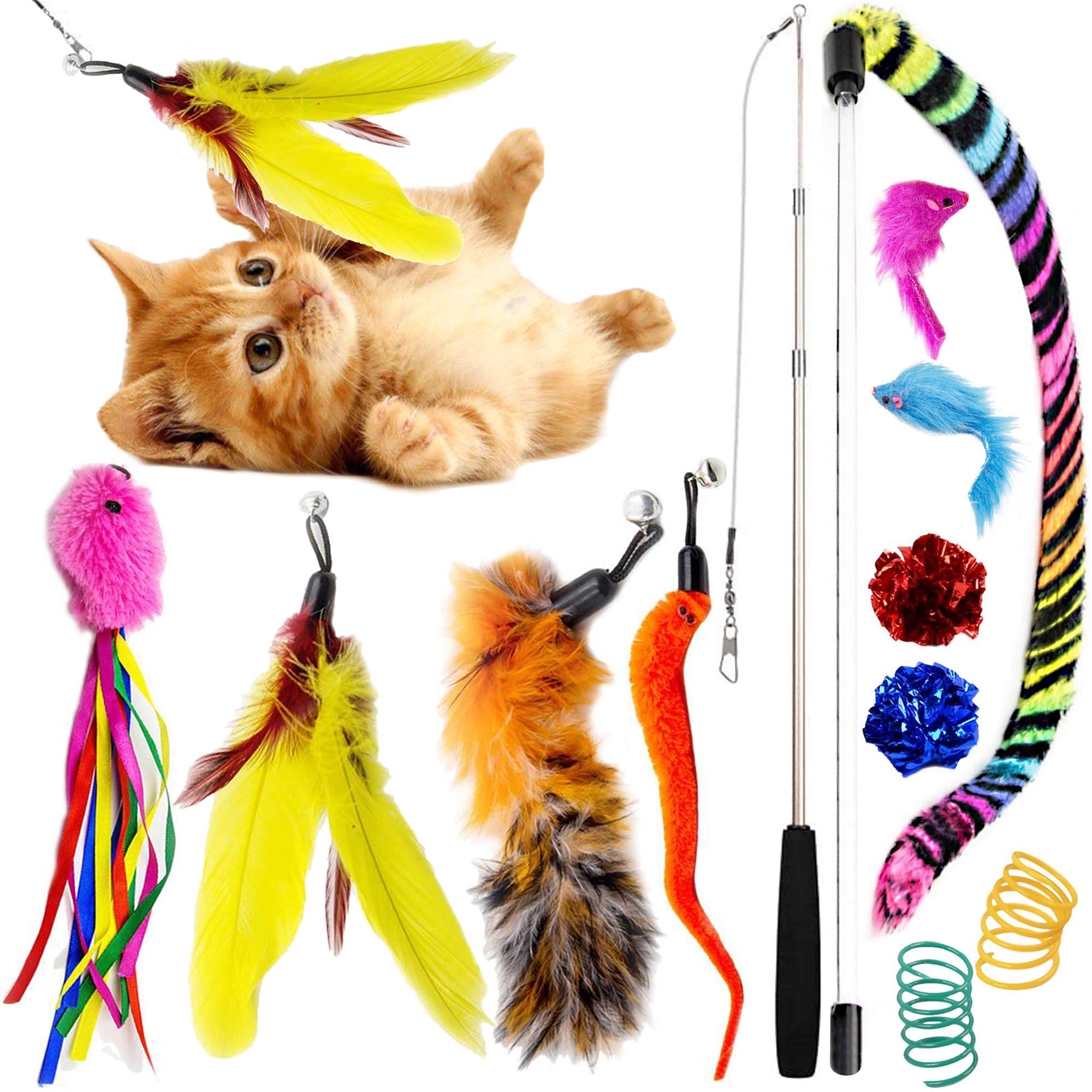 SillyPet Youngever 12 Pieces Cat Toys Teasing Feather Toy, Retractable Wand with Assorted Teaser Refills, Interactive Feather Teaser Wand Toy Bell Kitten Cat Having Fun Exerciser Playing