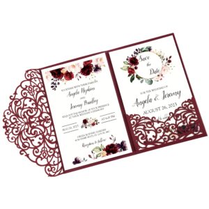 doris home 50pcs burgundy customized 4.7x7 inch wedding invitation kits laser cut hollow rose pocket wedding invitations with envelopes for wedding bridal shower engagement invite