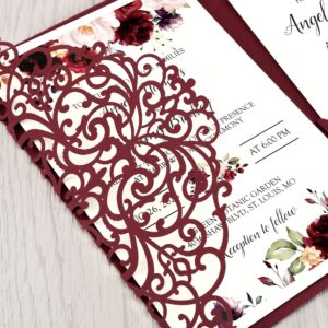 DORIS HOME 50pcs Burgundy Customized 4.7x7 Inch Wedding Invitation Kits Laser Cut Hollow Rose Pocket Wedding Invitations with Envelopes For Wedding Bridal Shower Engagement Invite