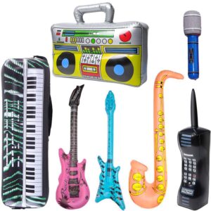 inflatable rock star toy set, 7 pack inflatable boom box mobile phone guitar bass party props for 80's 90's party decorations, rock and roll party favors supplies, christmas birthday party gifts.