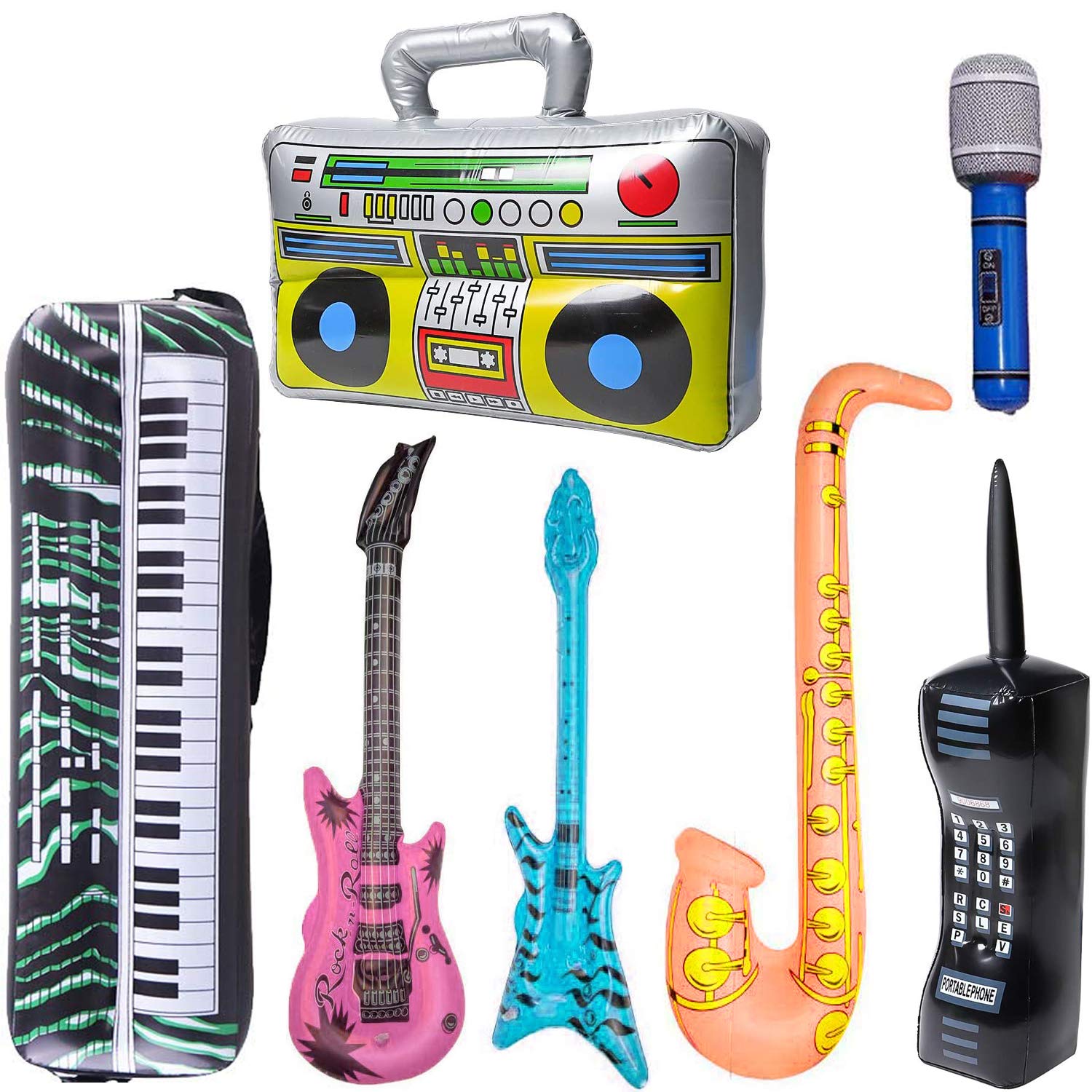 Inflatable Rock Star Toy Set, 7 Pack Inflatable Boom Box Mobile Phone Guitar Bass Party Props for 80's 90's Party Decorations, Rock and Roll Party Favors Supplies, Christmas Birthday Party Gifts.