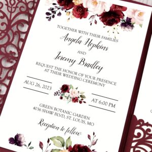 DORIS HOME 50pcs Burgundy Customized 4.7x7 Inch Wedding Invitation Kits Laser Cut Hollow Rose Pocket Wedding Invitations with Envelopes For Wedding Bridal Shower Engagement Invite