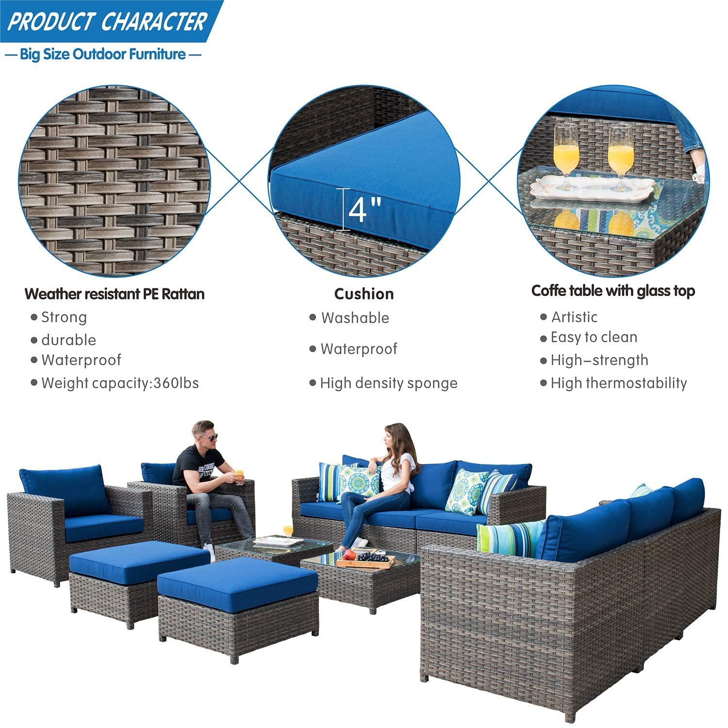 ovios Patio Furniture Set 12 Pieces Outdoor Conversation Set All Weather Wicker Rattan Sectional Sofa Sets with Thick Cushions Fully Assembled Furniture, Big Size, Grey Wicker, Navy Blue