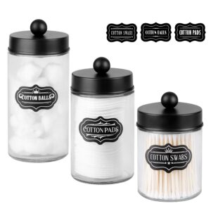 apothecary jars 3 pack - glass bathroom containers with stainless steel lids - rustic farmhouse decor bathroom accessories, vanity organizer apothecary jars for qtip/cotton balls (matte black)