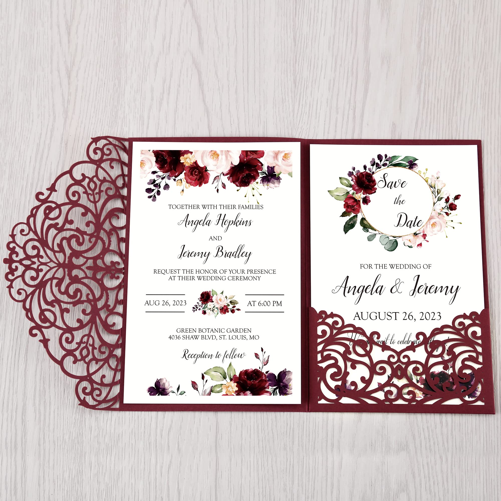 DORIS HOME 50pcs Burgundy Customized 4.7x7 Inch Wedding Invitation Kits Laser Cut Hollow Rose Pocket Wedding Invitations with Envelopes For Wedding Bridal Shower Engagement Invite