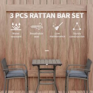 Outsunny 3 PCS Rattan Wicker Bar Set with Wood Grain Top Table and 2 Bar Stools for Outdoor, Patio, Poolside, Garden, Grey