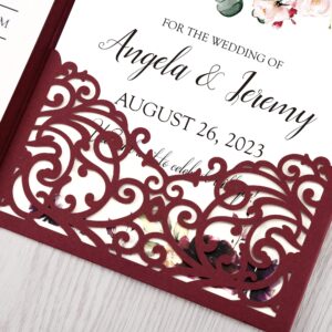 DORIS HOME 50pcs Burgundy Customized 4.7x7 Inch Wedding Invitation Kits Laser Cut Hollow Rose Pocket Wedding Invitations with Envelopes For Wedding Bridal Shower Engagement Invite