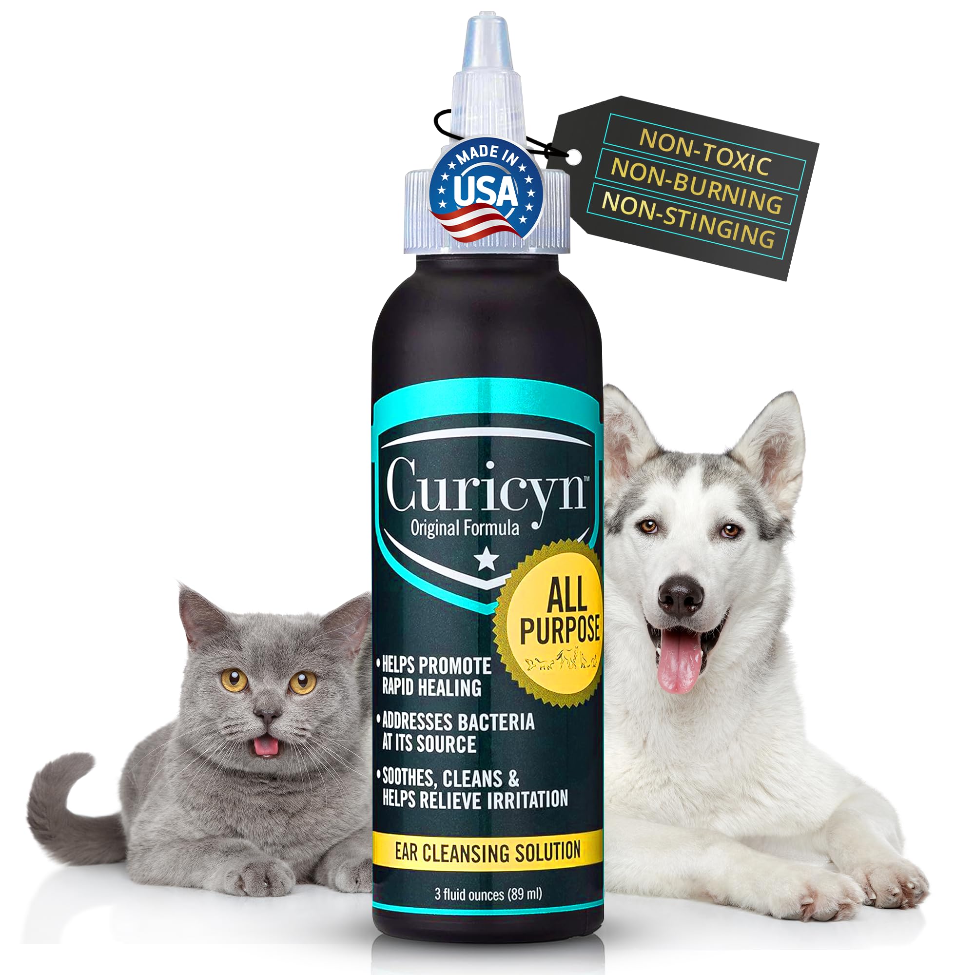 Curicyn Dog Ear Infection Treatment (3oz) - Dog Ear Cleaner - Dog Ear Cleaning Solution - Cat Ear Cleaner - Ear Drops for Kittens, Dogs & More