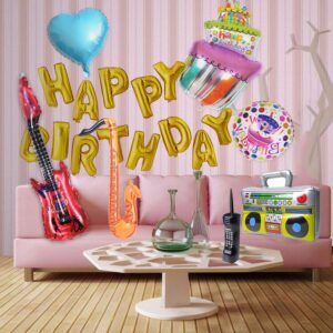 Inflatable Rock Star Toy Set, 7 Pack Inflatable Boom Box Mobile Phone Guitar Bass Party Props for 80's 90's Party Decorations, Rock and Roll Party Favors Supplies, Christmas Birthday Party Gifts.