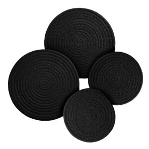 round cotton trivets set of 4 in black by beets & berry, 7 inch and 9 inch diameter, pot holders, hot pads, hot mats, 100% pure eco cotton, boho, farmhouse, mid century modern, kitchen decor