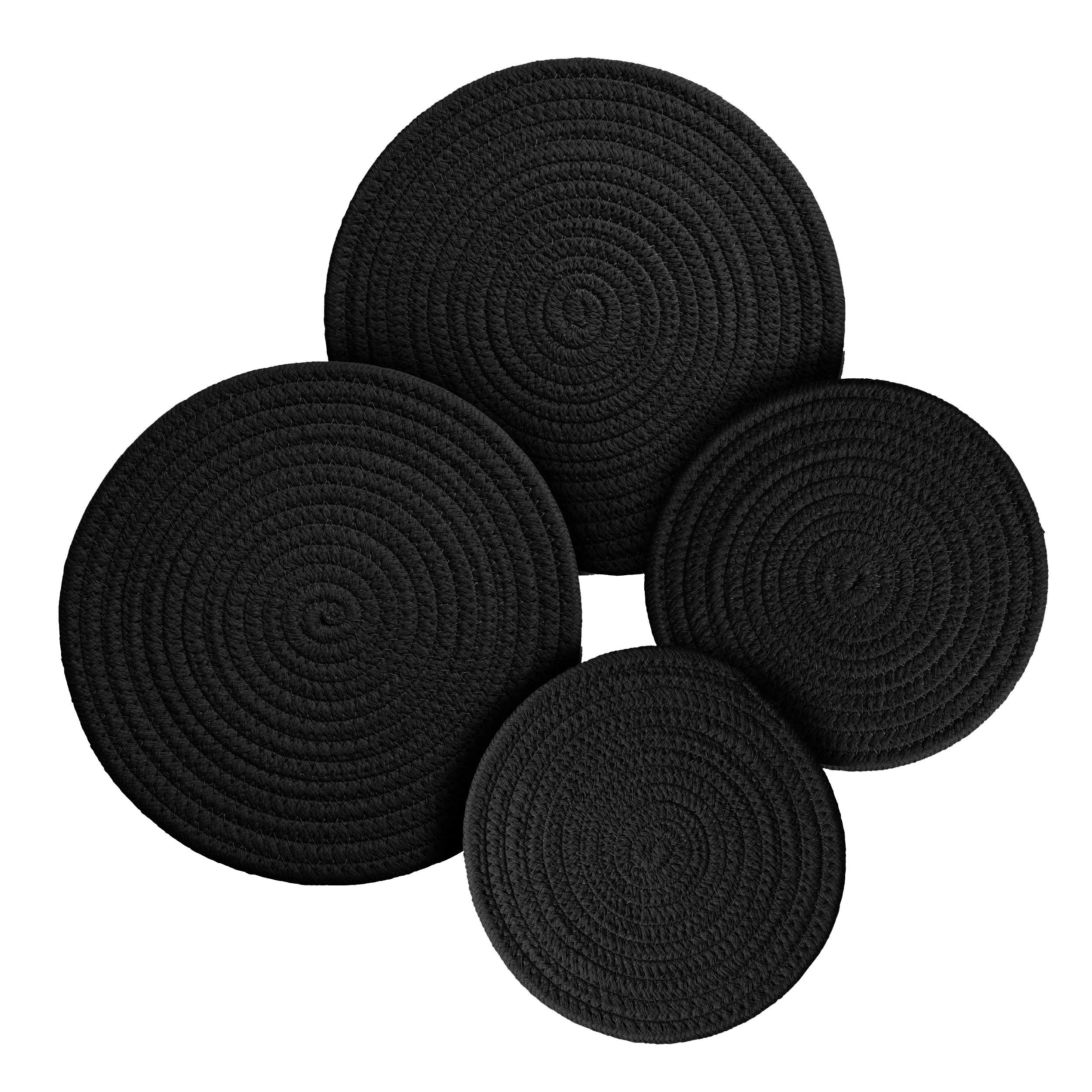 Round Cotton Trivets Set of 4 in Black by Beets & Berry, 7 inch and 9 inch Diameter, Pot Holders, Hot Pads, Hot Mats, 100% Pure Eco Cotton, Boho, Farmhouse, Mid Century Modern, Kitchen Decor