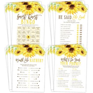 your main event prints sunflower bridal shower bachelorette games - he said she said, find the guest quest, would she rather, phone game - 25 games each, printed front and back, 1 game per side