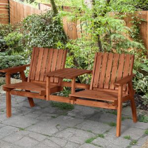 Outsunny Patio Bench, Garden Bench with Middle Table and Umbrella Hole, Wooden Outdoor Bench for Patio, Porch, Poolside, Balcony, Orange