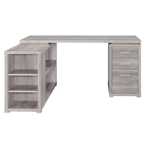 Pemberly Row L Shape Corner Storage Desk in Grey Driftwood, Letter/Legal File, 5 Bookshelves