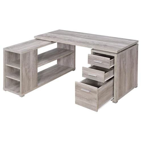 Pemberly Row L Shape Corner Storage Desk in Grey Driftwood, Letter/Legal File, 5 Bookshelves