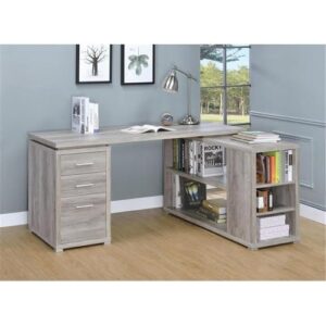 Pemberly Row L Shape Corner Storage Desk in Grey Driftwood, Letter/Legal File, 5 Bookshelves