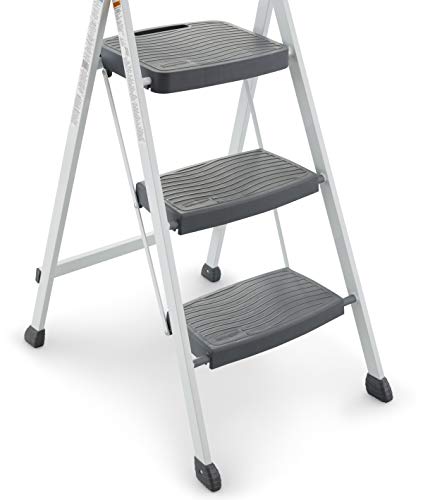 Rubbermaid 3-Step Steel Ladder, Folding Step Stool with Hand Grip and Non-Slip Feet, White, Tested to ANSI US Safety Standards, No Assembly Required (Amazon Exclusive)