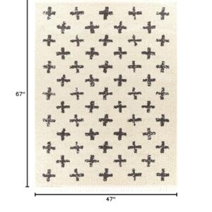 Hauteloom Alstead Farmhouse Swiss Cross Geometric Shag Area Rug - Fluffy High Pile Super Soft Rug with Tassels for Living Room, Bedroom, Dining Room - Cream, Beige, Black - 3'11" x 5'7"