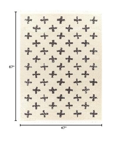 Hauteloom Alstead Farmhouse Swiss Cross Geometric Shag Area Rug - Fluffy High Pile Super Soft Rug with Tassels for Living Room, Bedroom, Dining Room - Cream, Beige, Black - 3'11" x 5'7"