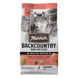 merrick backcountry healthy grains premium dog food kibble with freeze dried raw pieces, pacific catch recipe - 4.0 lb. bag