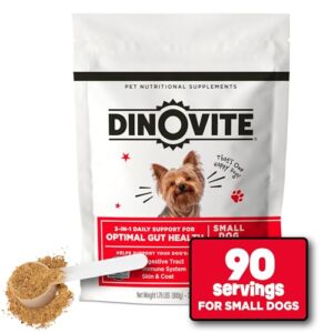 dinovite dog probiotics for yeast, itchy skin and itchy ears - daily skin & coat, digestive, and immune support for small dogs 1-18lbs – 90-day supply, omega 3 fatty acids, essential pre & probiotics