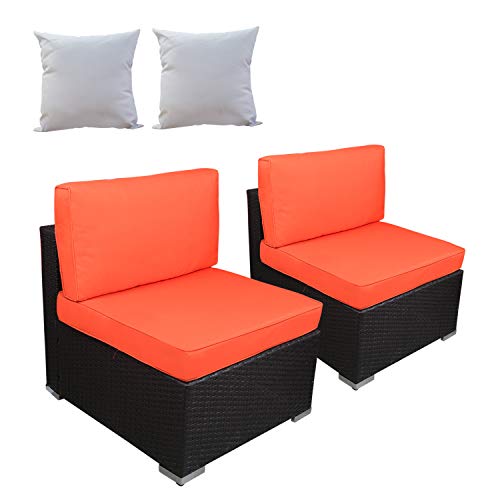 Excited Work PE Wicker Outdoor Loveseat 2 Pcs Patio Couch with Washable Cushion and 2 Pillow,Sectional Furniture Conversation Set（Orange）