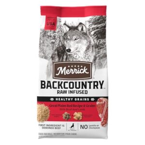 merrick backcountry healthy grains kibble with freeze dried raw pieces, great plains red meat recipe dog food - 4.0 lb. bag