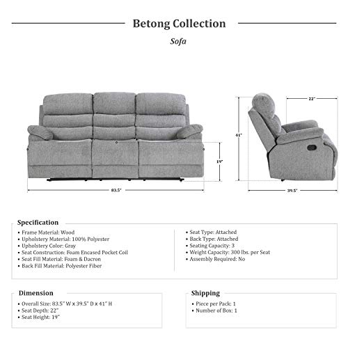 Lexicon Betong Double Reclining Sofa, Smoke Grey