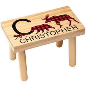 fox valley traders personalized children's step stool, natural wood, buffalo plaid design with custom name