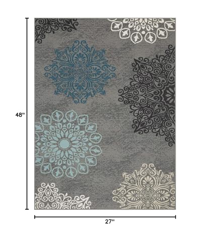 Antep Rugs Alfombras Modern Floral 2x4 Non-Skid (Non-Slip) Low Profile Pile Rubber Backing Kitchen Area Rugs (Gray, 2'3" x 4')