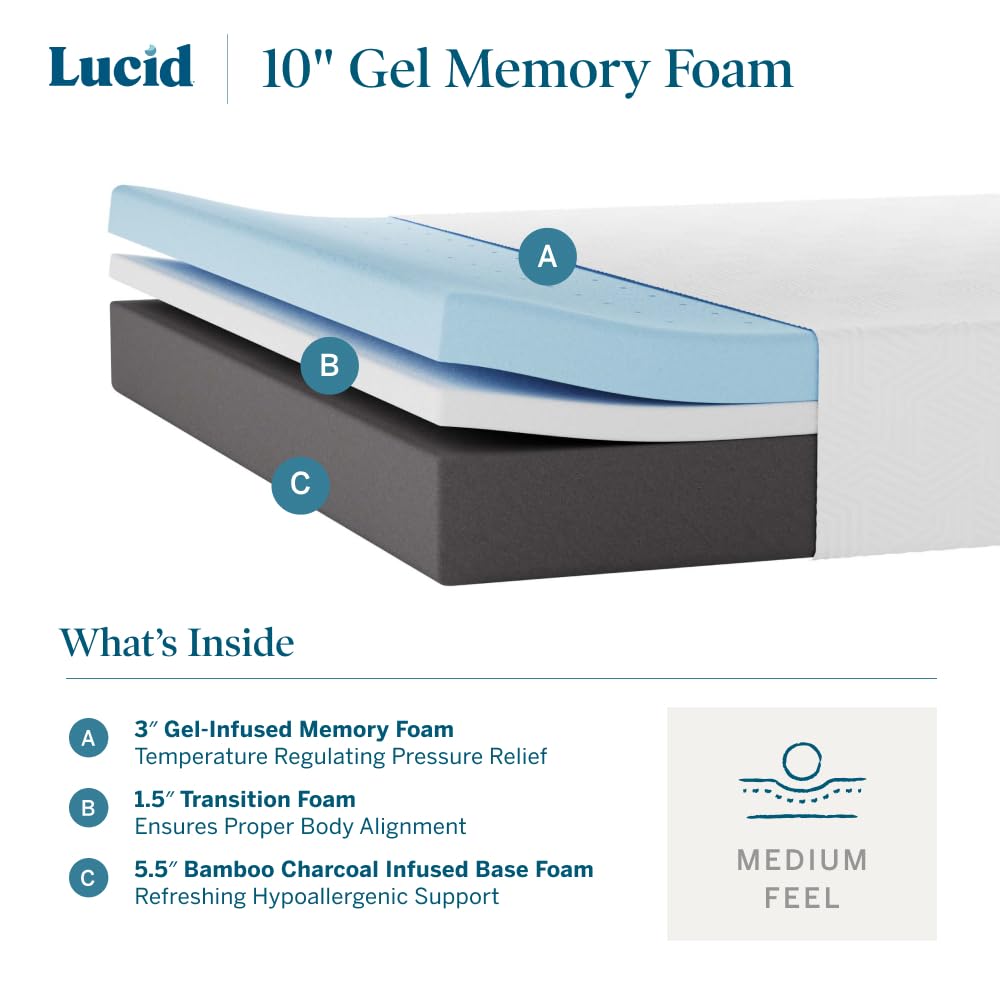 LUCID 10 Inch Memory Foam Mattress - Medium Feel - Infused with Bamboo Charcoal and Gel - Bed in a Box - Temperature Regulating - Pressure Relief - Breathable - Twin XL Size