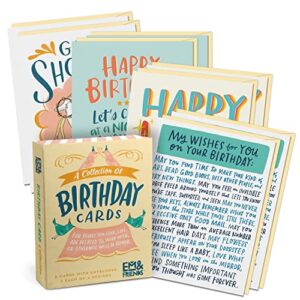 em & friends birthday cards, happy birthday greeting cards illustrated sayings blank inside (box of 8, assorted cards, 2 each 4 styles)