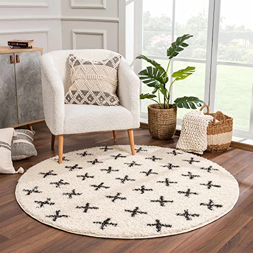 Hauteloom Alstead Farmhouse Swiss Cross Geometric Shag Area Rug - Fluffy High Pile Super Soft Rug with Tassels for Living Room, Bedroom, Dining Room - Cream, Beige, Black - 3'11" x 5'7"