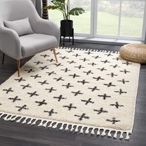 Hauteloom Alstead Farmhouse Swiss Cross Geometric Shag Area Rug - Fluffy High Pile Super Soft Rug with Tassels for Living Room, Bedroom, Dining Room - Cream, Beige, Black - 3'11" x 5'7"