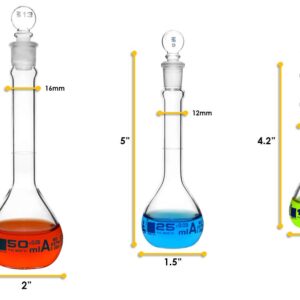 EISCO Premium Volumetric Flask Set - 10ml, 25ml & 50ml - Class A, ASTM E288 - Superior Durability & Chemical Resistance - Glass Penny Stoppers - Borosilicate 3.3 Glass