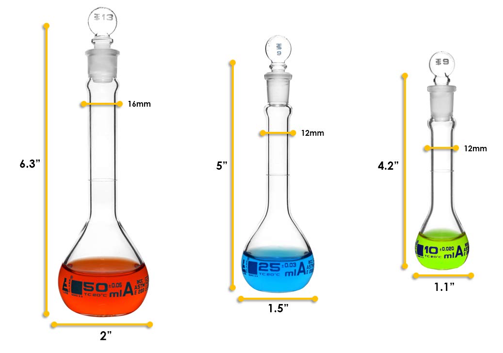 EISCO Premium Volumetric Flask Set - 10ml, 25ml & 50ml - Class A, ASTM E288 - Superior Durability & Chemical Resistance - Glass Penny Stoppers - Borosilicate 3.3 Glass